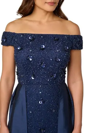 Adrianna Papell Off-the-shoulder Beaded Overlay Taffeta Gown