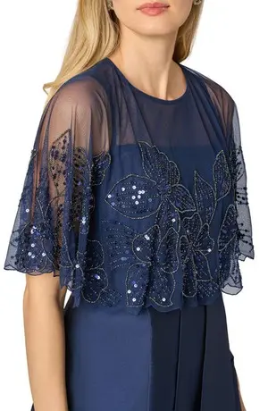 Adrianna Papell Beaded Cape Taffeta Gown