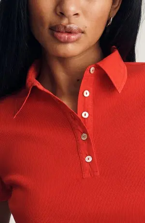 MAVI Cropped Ribbed Cotton Polo Shirt - Red