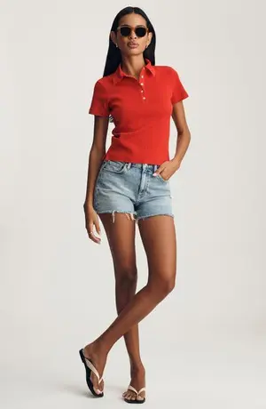 MAVI Cropped Ribbed Cotton Polo Shirt - Red