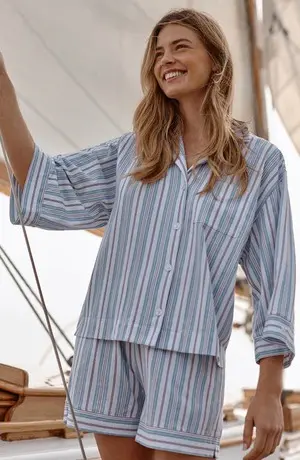 PETITE PLUME Olivia Stripe Pima Cotton Short Pajamas - Blue