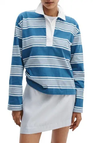 Rag & Bone Kelly Striped Long Sleeve Cotton Polo - Blue Multi