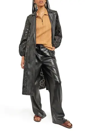 Misook Eyelet Open Front Faux Leather Longline Jacket