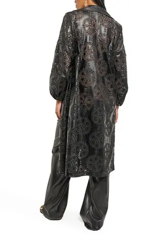 Misook Eyelet Open Front Faux Leather Longline Jacket