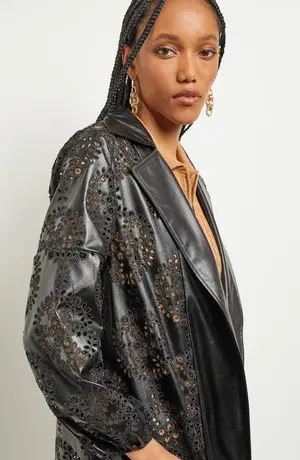 Misook Eyelet Open Front Faux Leather Longline Jacket