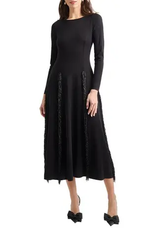 Misook Long Sleeve Sequin Fringe Fit & Flare Dress