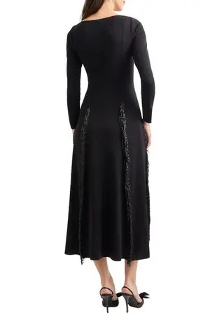 Misook Long Sleeve Sequin Fringe Fit & Flare Dress