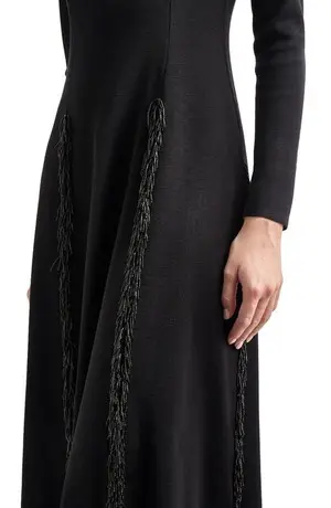 Misook Long Sleeve Sequin Fringe Fit & Flare Dress