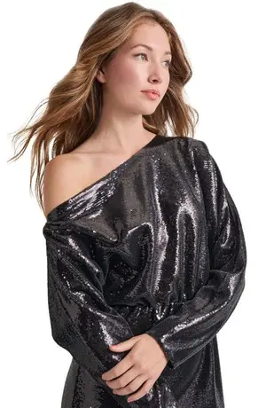 Misook Sequin One-shoulder Long Sleeve Dress