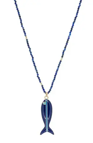 MARLYN SCHIFF Beaded Collar Necklace With Fish Pendant - Lapis