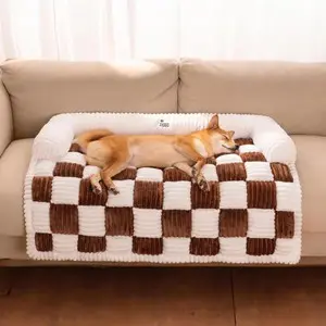 FUNNYFUZZY Cream Square Plaid Cozy Dog Mat Furniture Protector Cover
