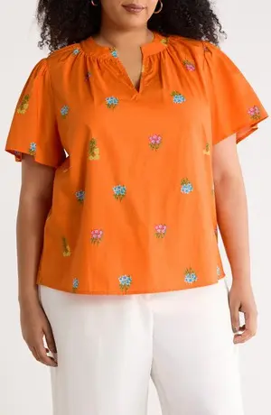 SUGARLIPS Floral Cotton Split Neck Top - Orange-multi