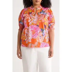 SUGARLIPS Reign Floral Cotton Puff Sleeve Top - Orange-multi