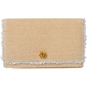 MICHELLE WILHITE Olivia Louise Raffia Clutch With Fringe And Gold Hardware - Sand