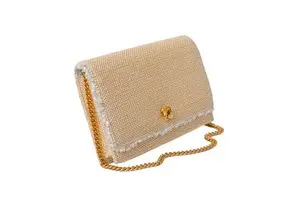 MICHELLE WILHITE Olivia Louise Raffia Clutch With Fringe And Gold Hardware - Sand