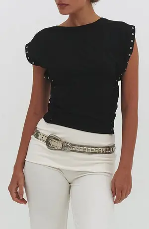 FIND ME NOW Snap Detail Convertible Cap Sleeve T-shirt - Black