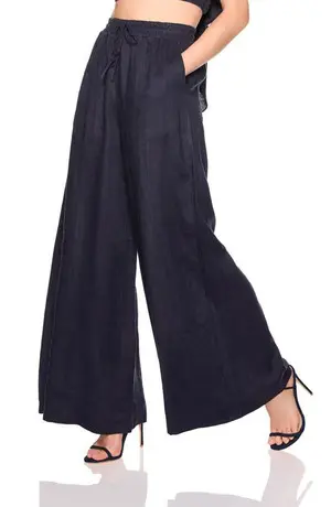 Susana Monaco Wide Leg Linen Pants With Tie Waist - Midnight