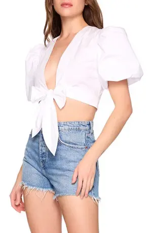 Susana Monaco Bubble Sleeve Tie Front Cotton Poplin Top - Sugar