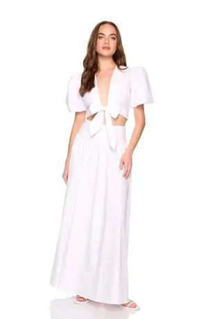 Susana Monaco Bubble Sleeve Tie Front Cotton Poplin Top - Sugar