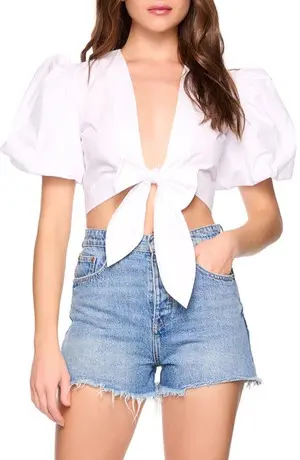 Susana Monaco Bubble Sleeve Tie Front Cotton Poplin Top