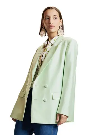 Cynthia Rowley Silk Wool Double Breasted Blazer - Green