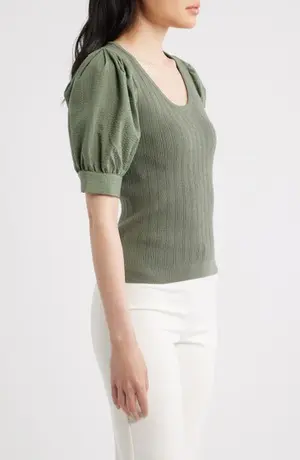 Elie Tahari Kaeta Mixed Media Puff Sleeve Sweater