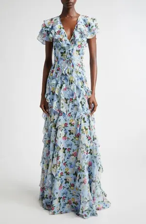 Carolina Herrera Floral Ruffle Silk Chiffon Gown - Cloudy Blue Multi