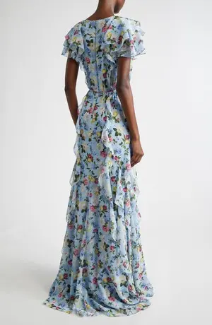 Carolina Herrera Floral Ruffle Silk Chiffon Gown - Cloudy Blue Multi