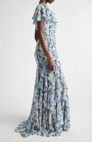Carolina Herrera Floral Ruffle Silk Chiffon Gown - Cloudy Blue Multi