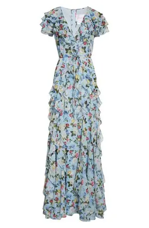 Carolina Herrera Floral Ruffle Silk Chiffon Gown - Cloudy Blue Multi