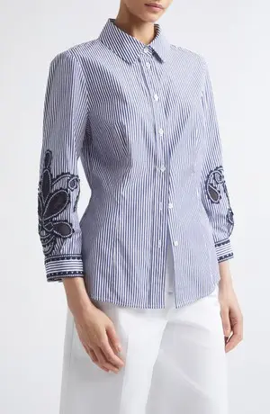 Carolina Herrera Embroidered Stripe Cotton Button-up Shirt - White/blue