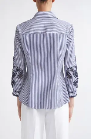 Carolina Herrera Embroidered Stripe Cotton Button-up Shirt