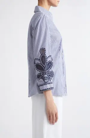 Carolina Herrera Embroidered Stripe Cotton Button-up Shirt