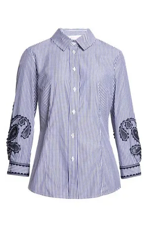 Carolina Herrera Embroidered Stripe Cotton Button-up Shirt