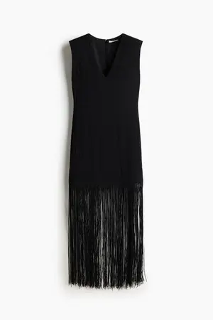H&m Fringed Shoulder-pad Dress - Black