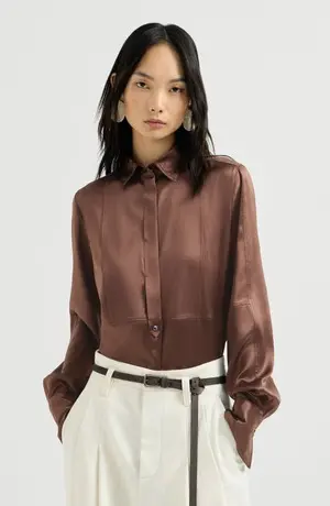 Brunello Cucinelli Stretch Silk Satin Shirt With Monili - Brown