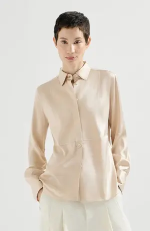 Brunello Cucinelli Stretch Silk Satin Shirt With Monili - Sand