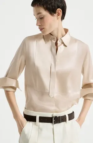 Brunello Cucinelli Stretch Silk Satin Shirt With Monili - Sand