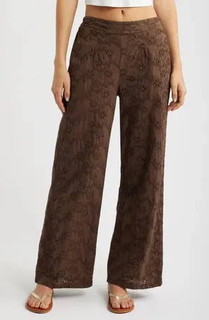 Deluc Cotton Eyelet Wide Leg Pants - Chocolate