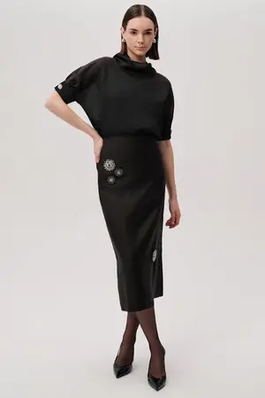 EXQUISE Embellished Button Straight Midi Skirt - Black