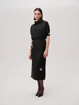 EXQUISE Embellished Button Straight Midi Skirt