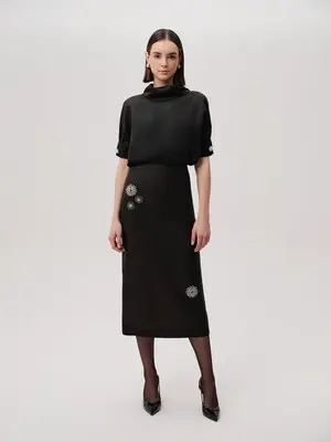 EXQUISE Embellished Button Straight Midi Skirt