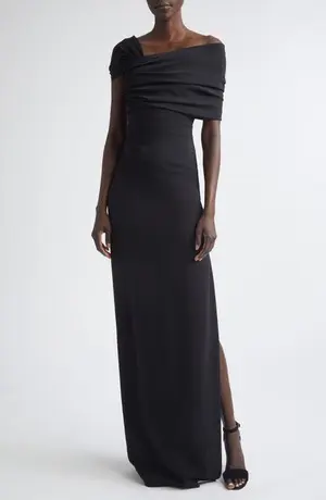 Oscar De La Renta Draped Sleeve Stretch Cady Gown - Black