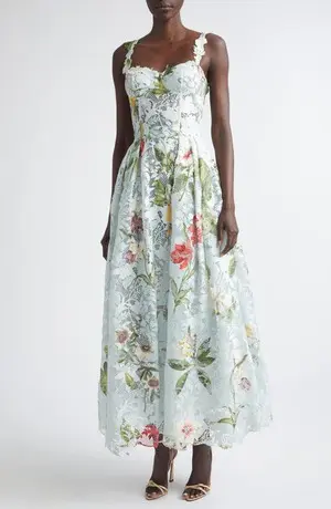 Oscar De La Renta Dominican Floral Print Guipure Lace Bustier Cocktail Dress - Saltwater Multi