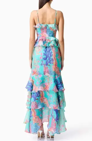 ELLIATT Coral Print Tiered High-low Gown