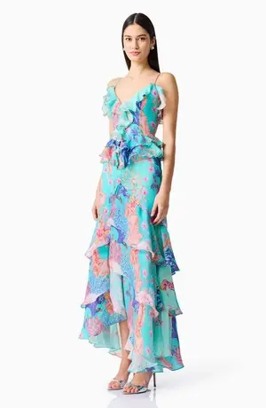 ELLIATT Coral Print Tiered High-low Gown