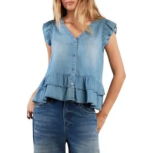 HINT OF BLU Ruffled V-neck Button-up Top