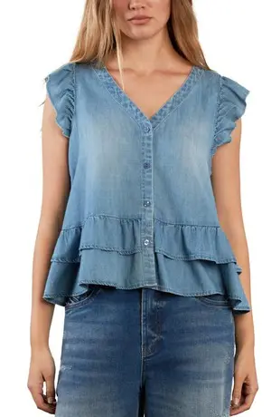 HINT OF BLU Ruffled V-neck Button-up Top