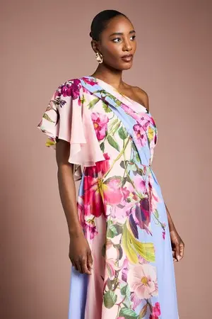 Coast Floral One-shoulder Flutter Sleeve Midi Dress