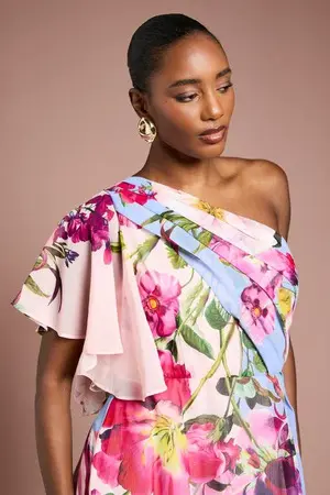 Coast Floral One-shoulder Flutter Sleeve Midi Dress